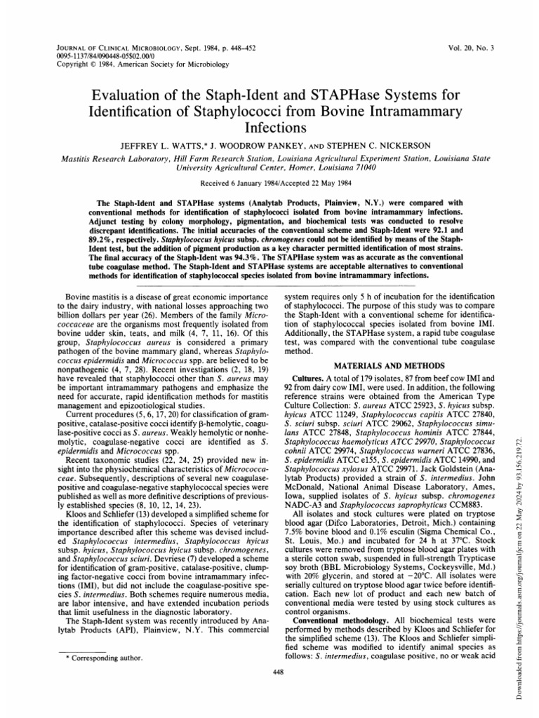 Watts Et Al 1984 Evaluation of The Staph Ident and Staphase Systems For ...