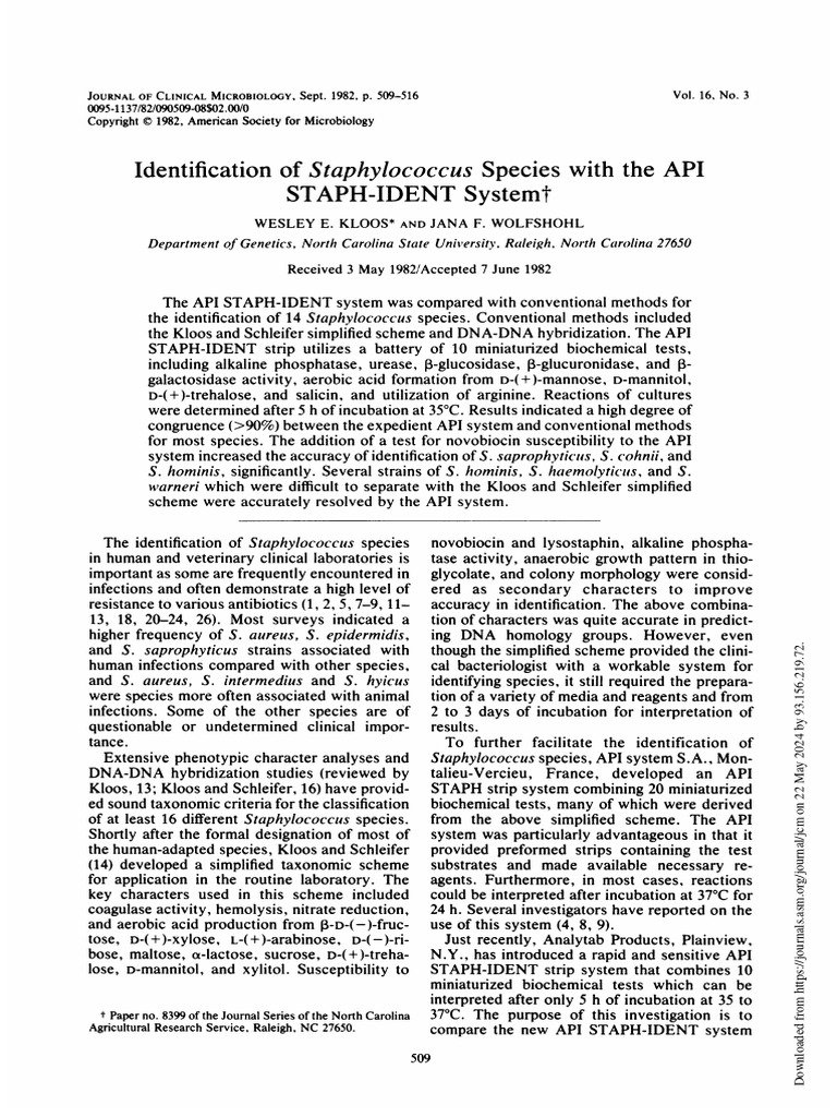 Kloos Wolfshohl 1982 Identification of Staphylococcus Species With The Api Staph Ident System ...