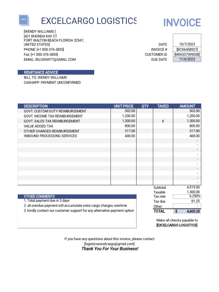 Invoice: Excelcargo Logistics | PDF | Taxes | Invoice