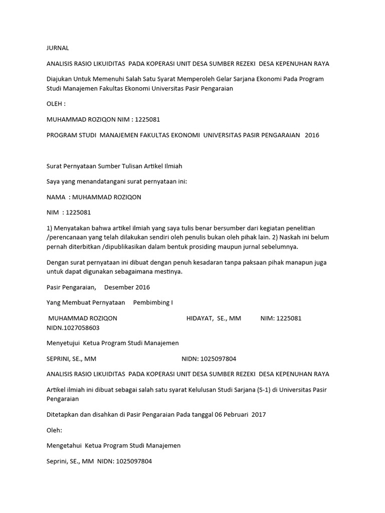 Contoh Karil JURNAL | PDF | Bisnis | Pengelolaan Keuangan & Uang