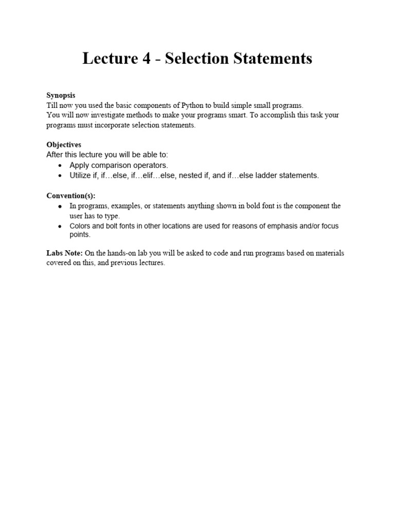 Lecture 4 - Selection Statements | PDF | Boolean Data Type | Software ... Lecture 4 - Selection Statements | PDF | Boolean Data Type | Software ...