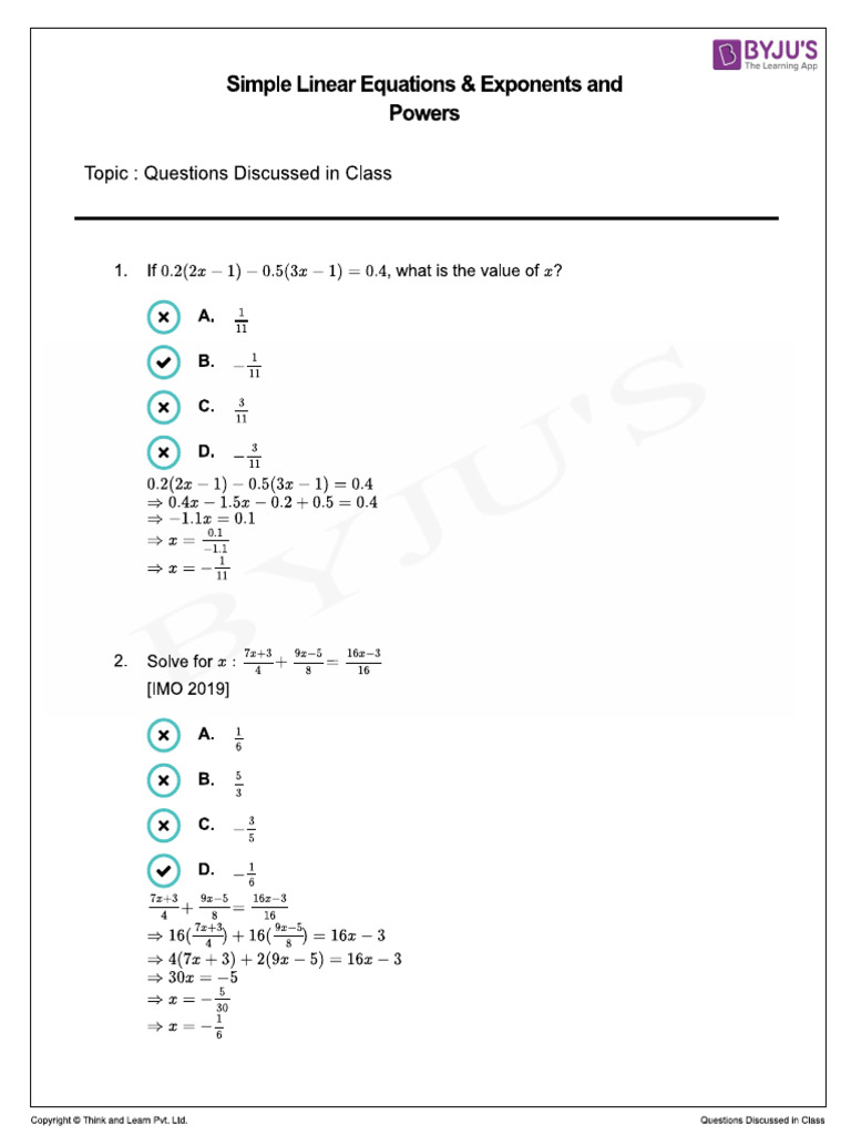 Simple Linear Equations & Exponents and Powers - Inclass | PDF