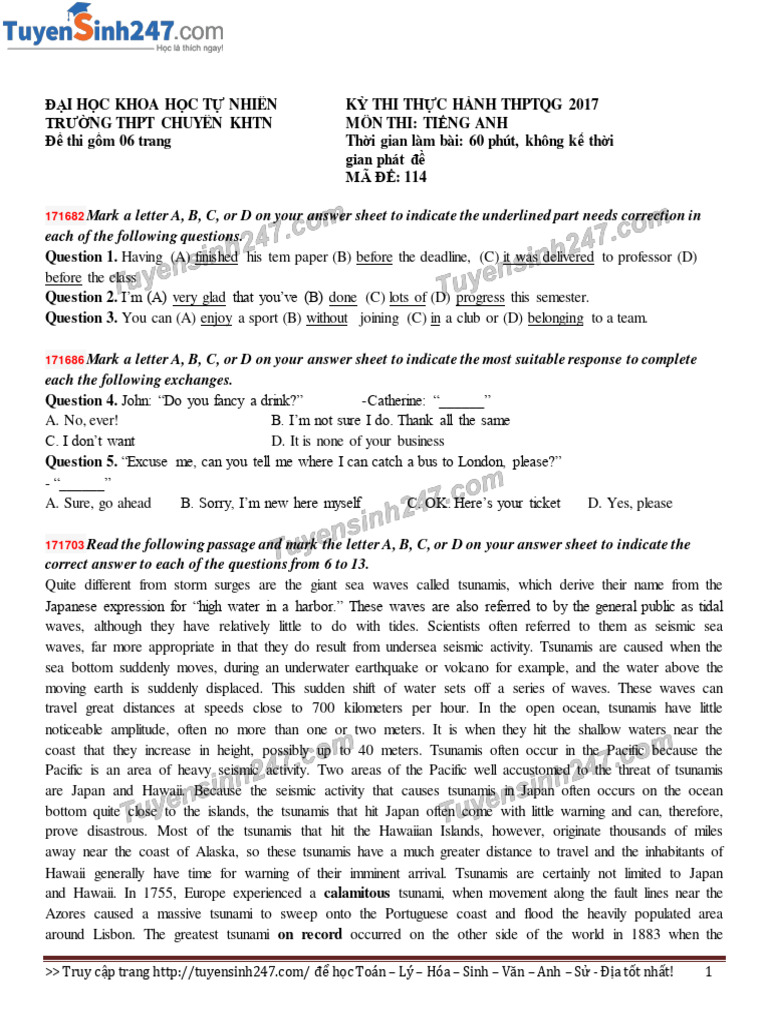 Đề TN-ANH- chuyen-khtn-lan-3-2017 | PDF | Tsunami | Earthquakes