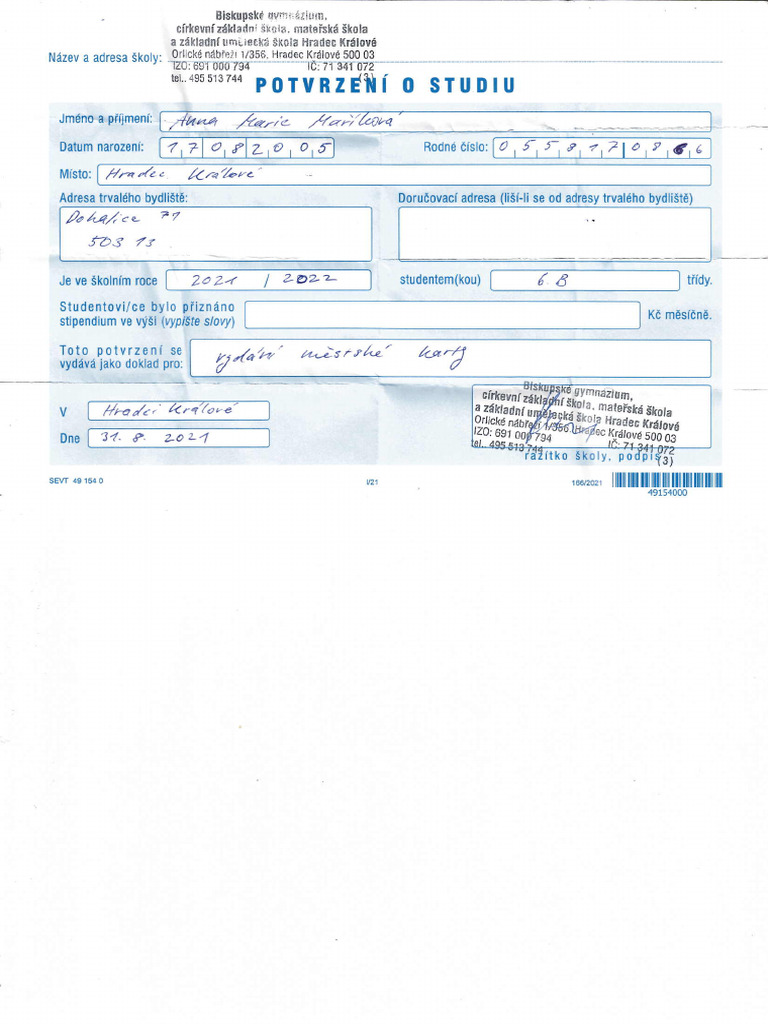 Potvrzení o Studiu Anna Marie | PDF
