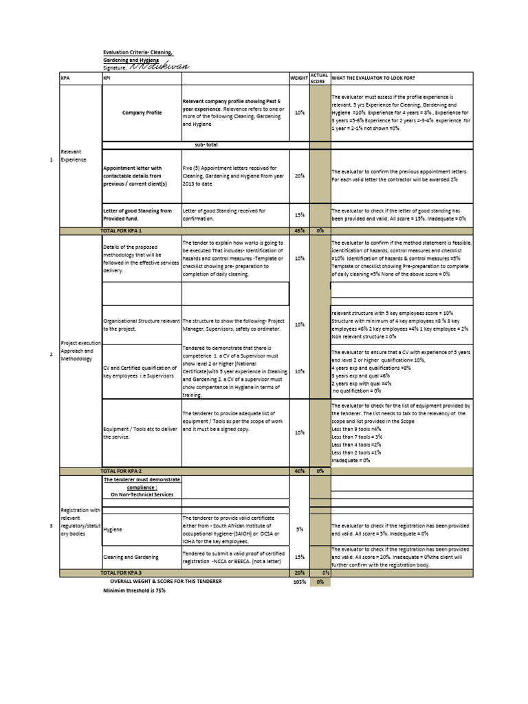Technical Evaluation Criteria_for Cleaning, Gardening and Hygiene aug | PDF