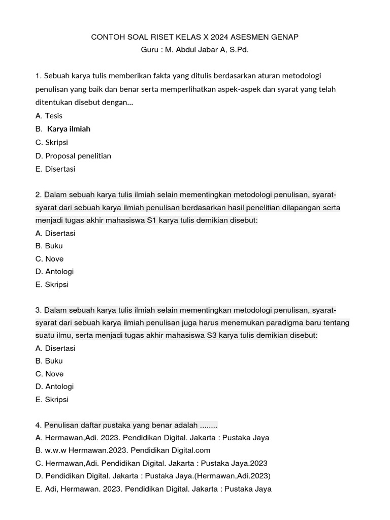 Contoh Soal Riset Kelas X Asgen 2023 - 2024 Share Siswa | PDF | Seni