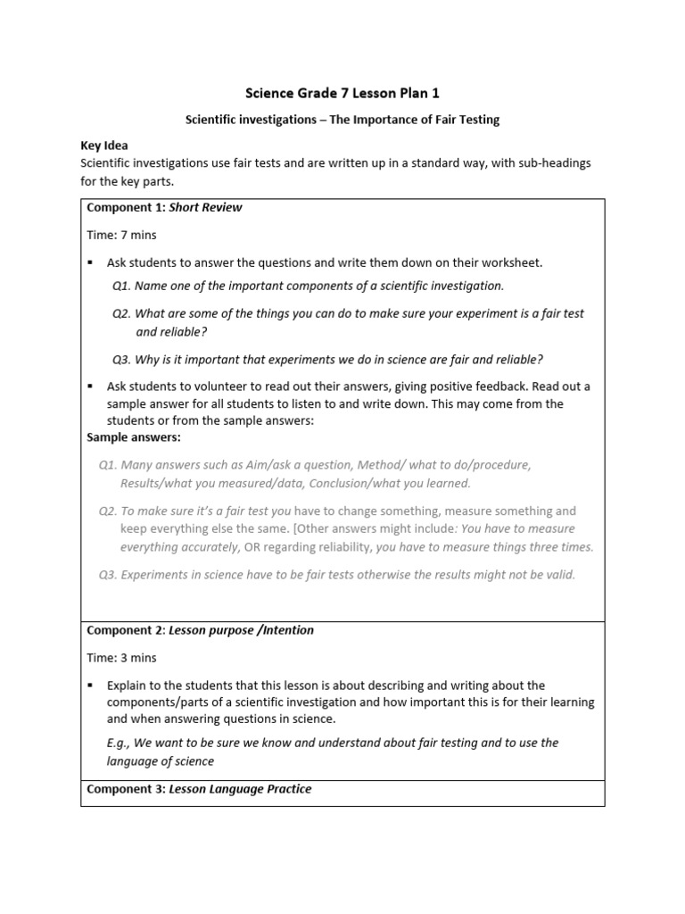 Science Grade 7 Lesson Plan Lesson 1 Scientific Investigation ...