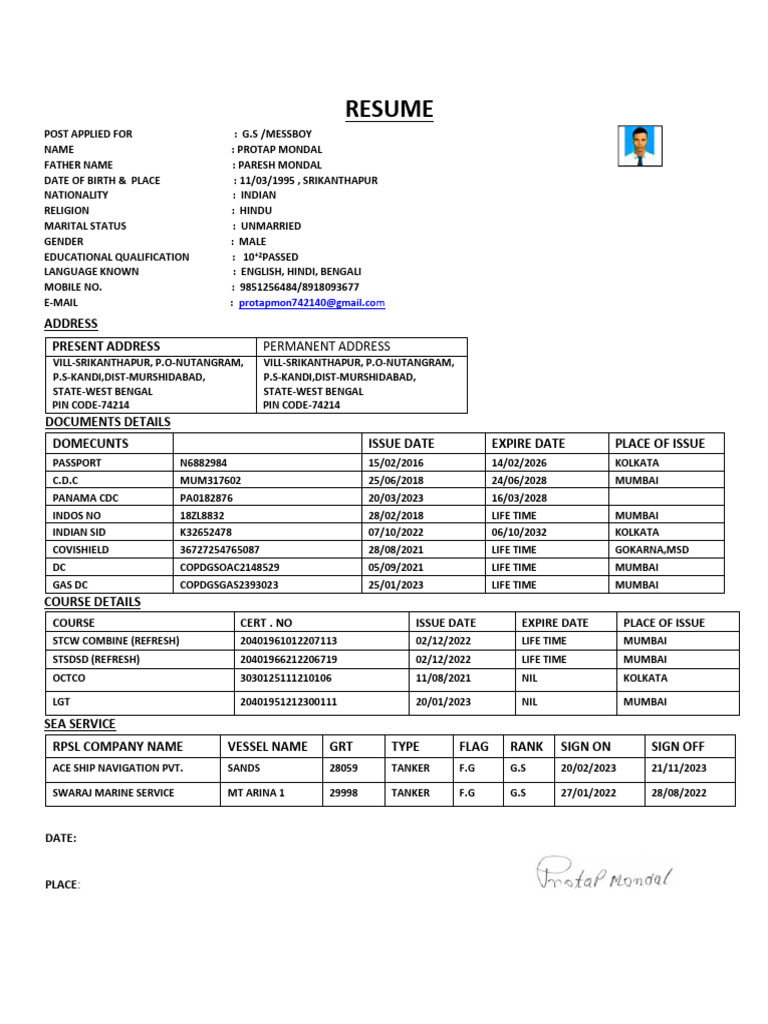Protap Mondal CV | PDF | Ships | Water Transport