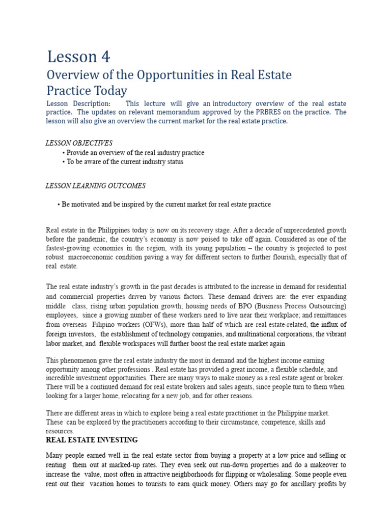 LESSON 4 FUNDA Overview of The Opportunities in Real Estate Today | PDF ...