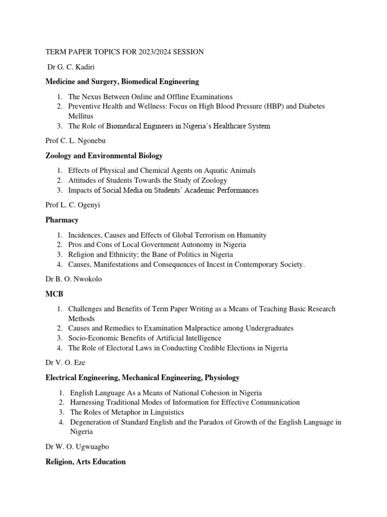 2023/2024 Term Paper Topics Guide | PDF | Cost Of Living | Nigeria