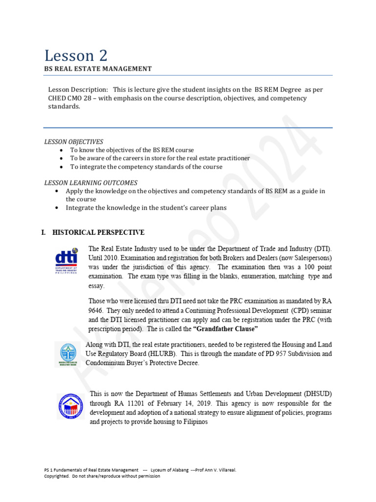 LESSON 2 FUNDA Overview of The BS REM Program | PDF | Real Estate ...