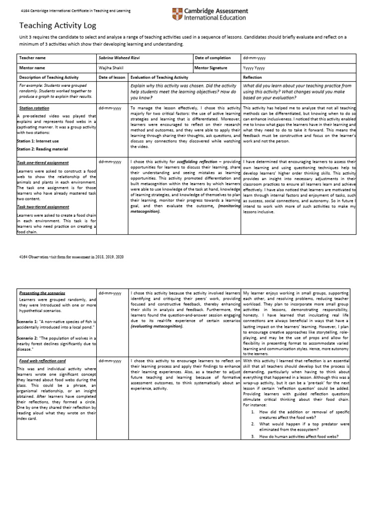 Teaching Activity Log for Unit 3 | PDF | Learning | Metacognition