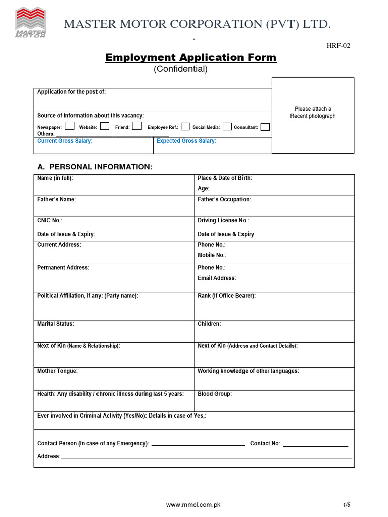 Master Motor Corporation Job Application Form | PDF | Employment