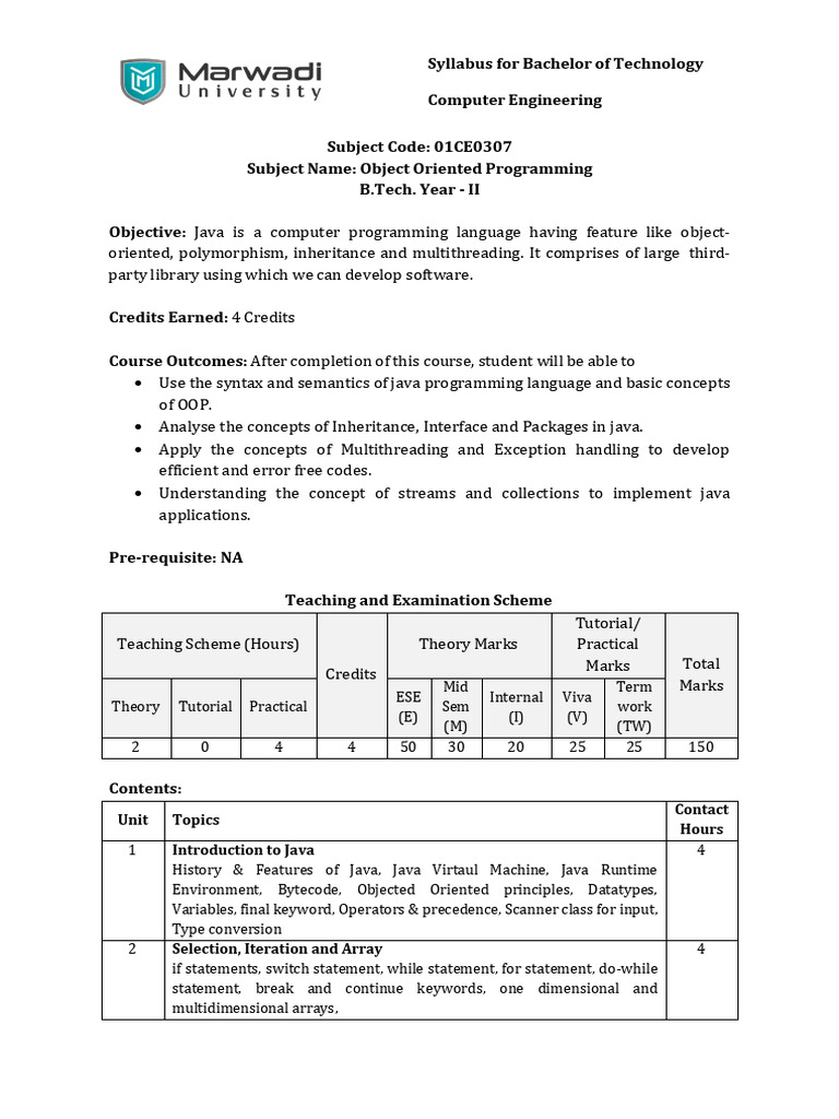 01ce0307 Object Oriented Programming Syllabus Pdf Class Computer Programming Method