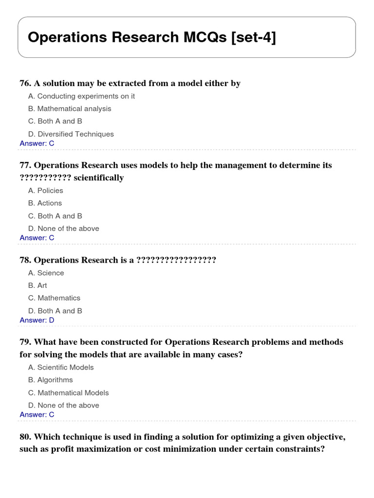 Operations Research Solved MCQs (Set-4) | PDF | Mathematical ... Operations Research Solved MCQs (Set-4) | PDF | Mathematical ...