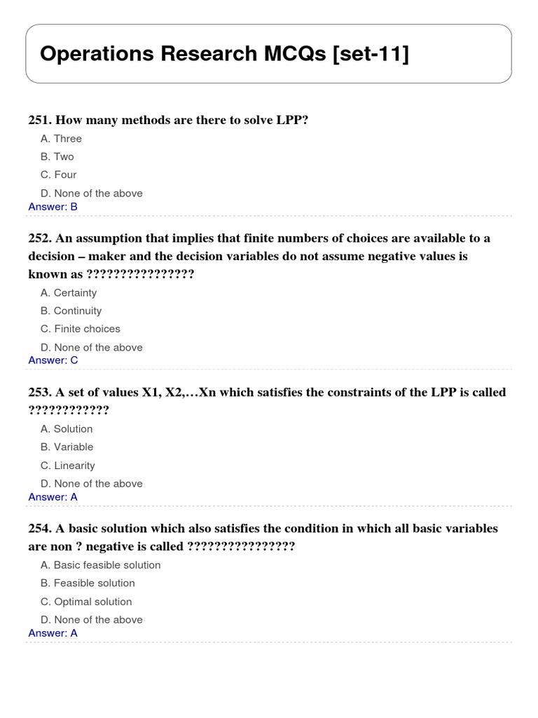 Operations Research Solved MCQs (Set-11) | PDF | Mathematical ...