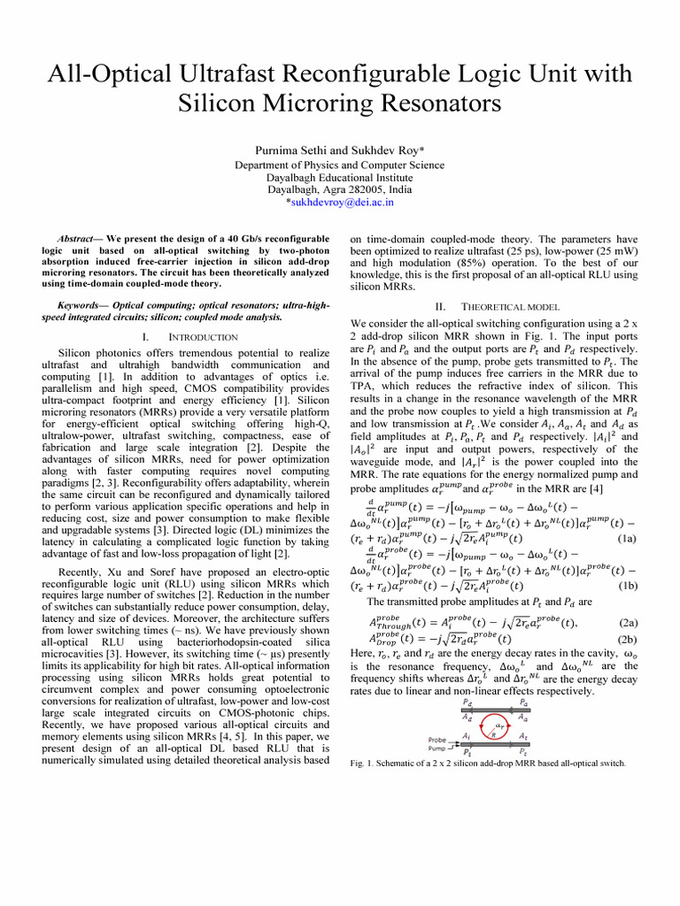 All-Optical Ultrafast Reconfigurable Logic Unit With Silicon Microring Resonators | PDF | Logic ...
