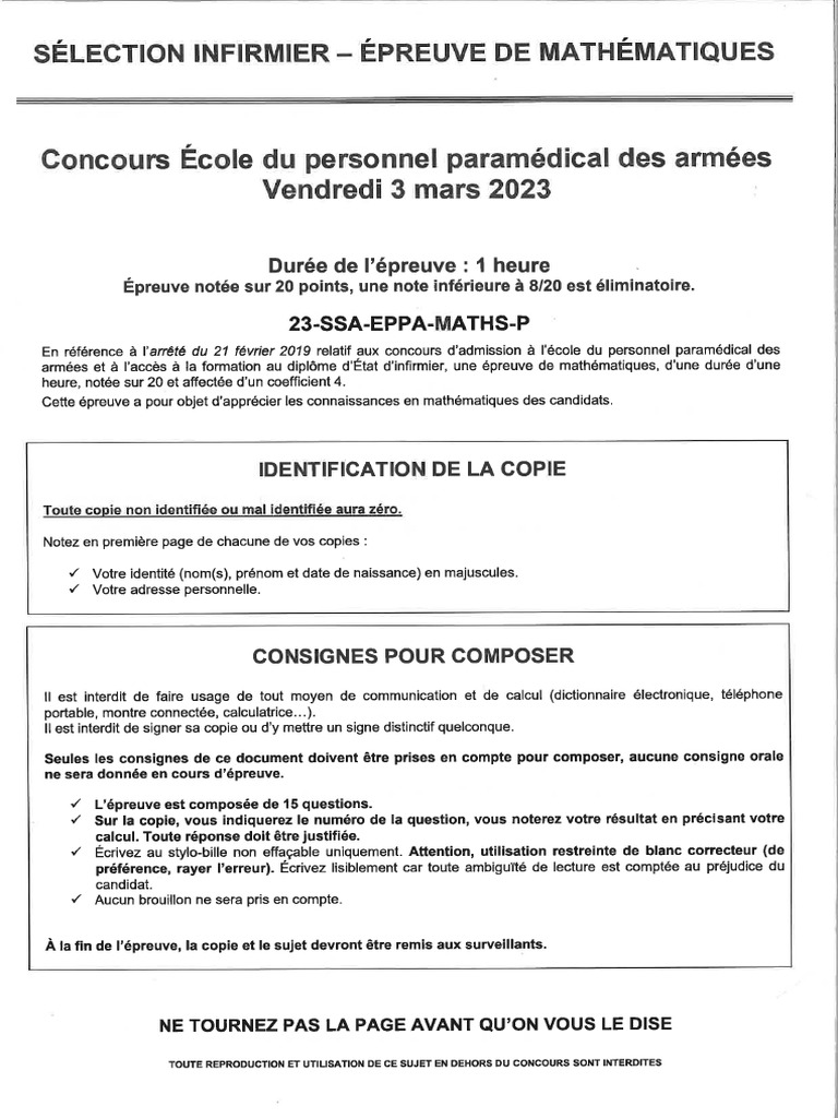 2023 Epreuve MATHS Concours - EPPA | PDF