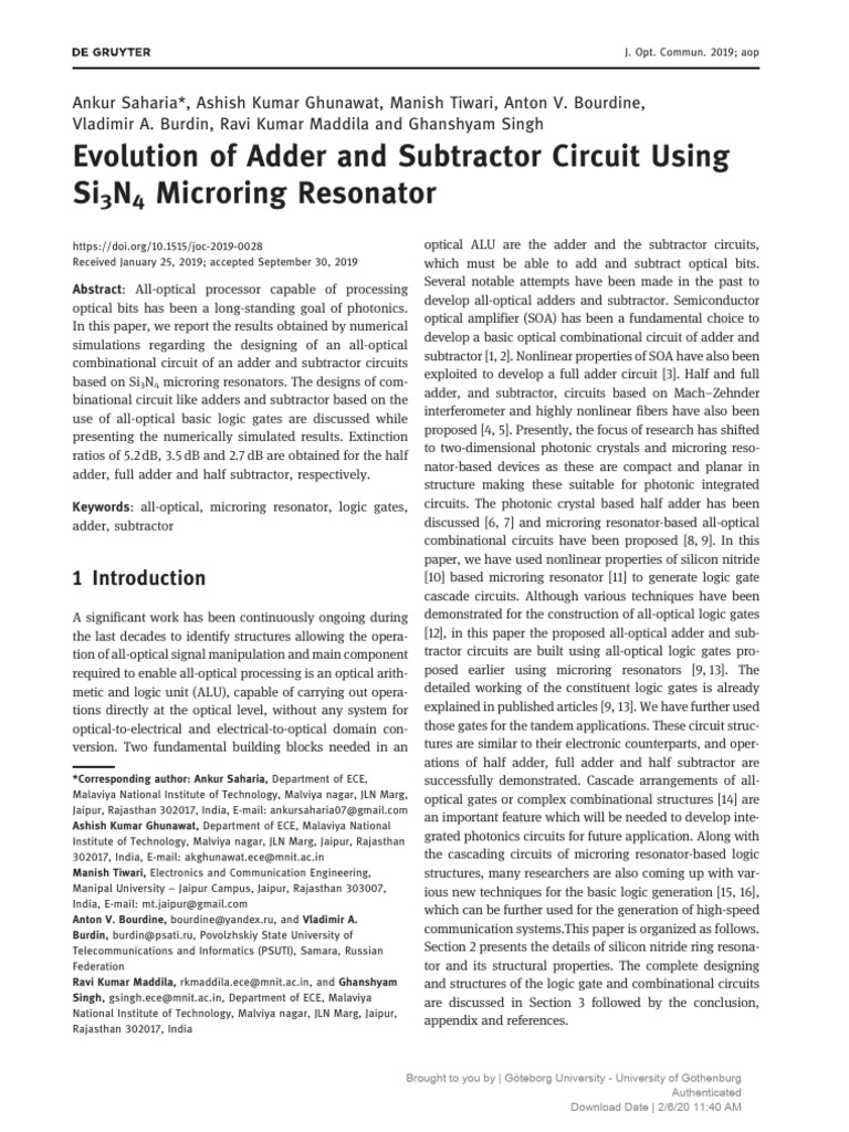 Evolution Of Adder And Subtractor Circuit Using Si3n4 Microring Resonator Pdf Nonlinear