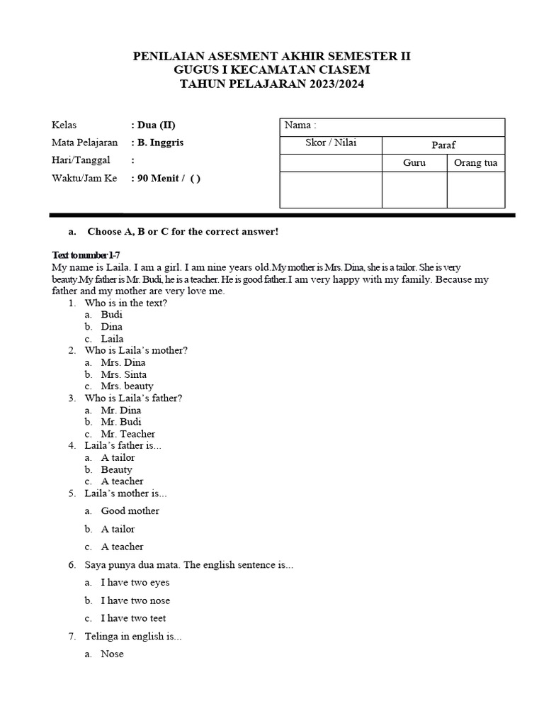 KURMER Kelas 2 B Inggris UAS | PDF | Language Arts & Discipline