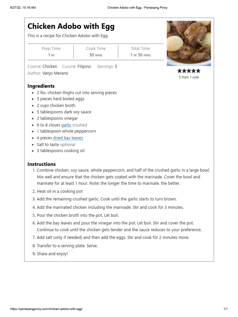 Chicken Adobo With Egg - Panlasang Pinoy | PDF