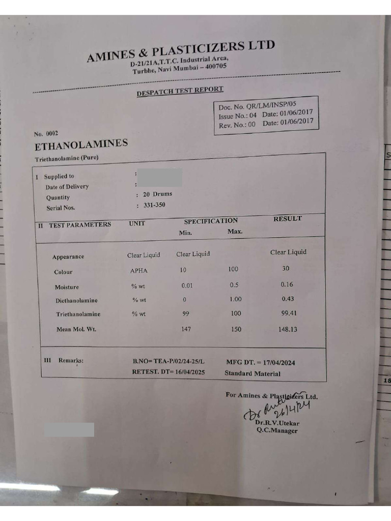 TEA (Pure Grade) - Amines & Plasticizers Batch No. - TEA-P-02-24-25-L | PDF