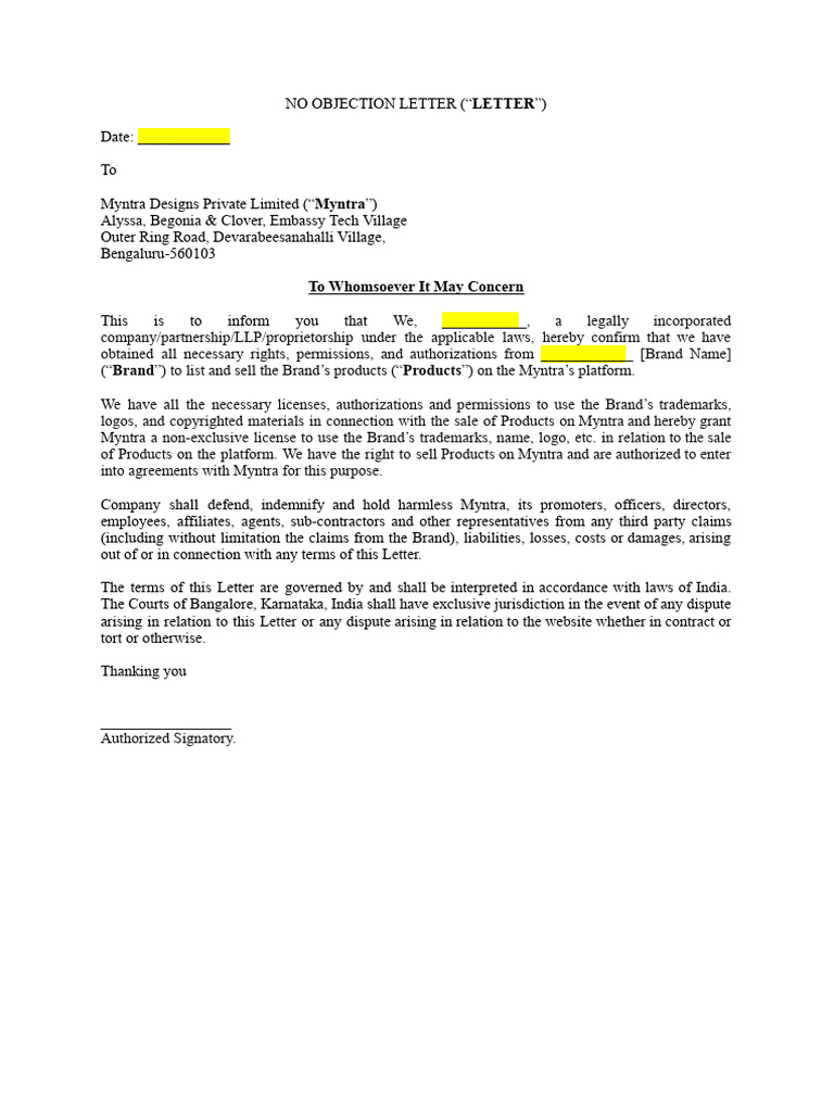 NOC Letter Format for Brand Authorization | PDF