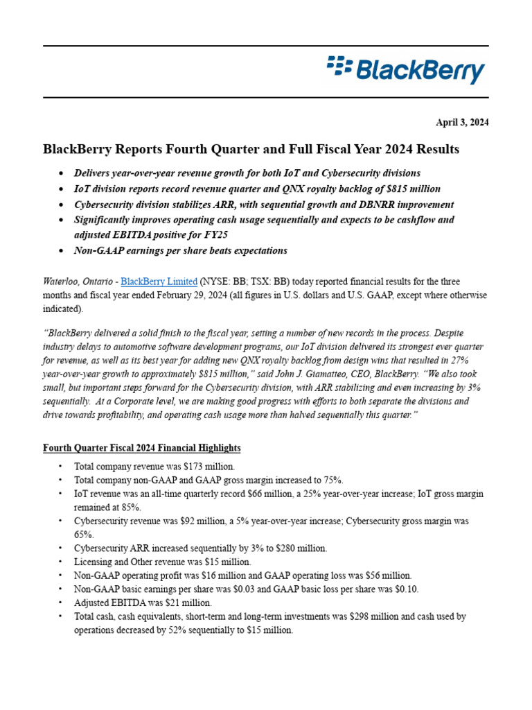 Q4 FY24 Earnings Press Release | PDF | Goodwill (Accounting) | Black ...