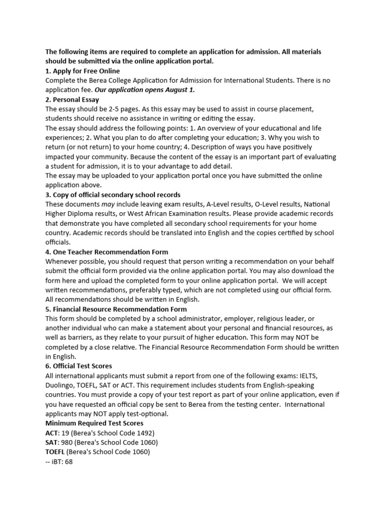 Berea Admission | PDF | University And College Admission | Essays