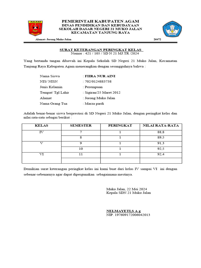 Surat Keterangan Peringkat Kelas | PDF