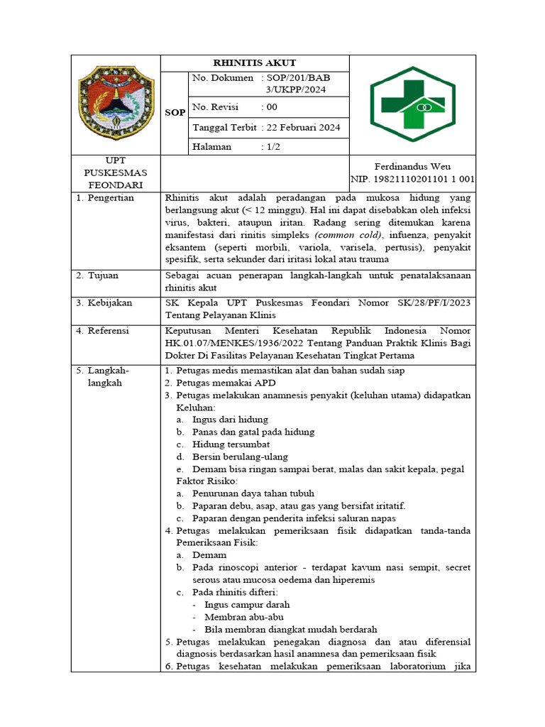 SOP Rhinitis Akut | PDF