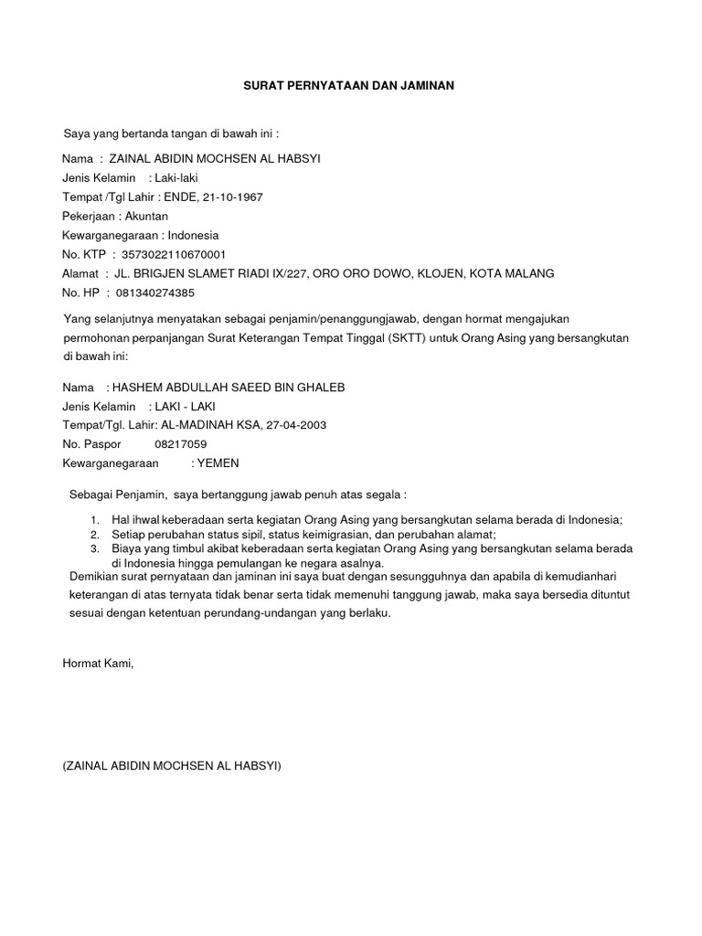 10-49-23-Contoh - Surat - Pernyataan - Dan - Jaminan - Perpanjangan - SKTT HASHEM | PDF | Ilmu ...