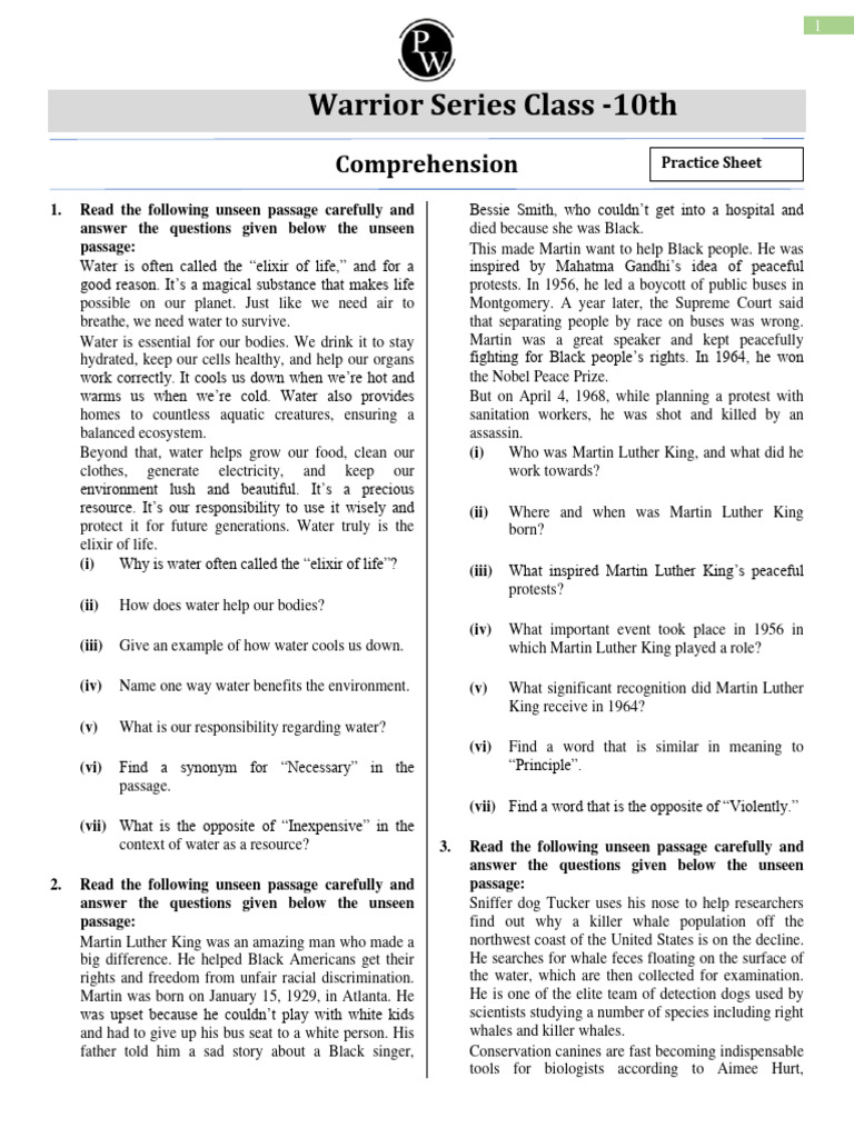 Reading Section - Comprehension _ Practice Sheet __ WARRIOR SERIES ...