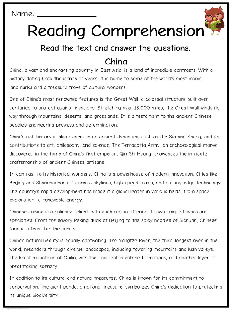 Reading Comprehension Grade 6 Non Fiction China | PDF | China | World ...