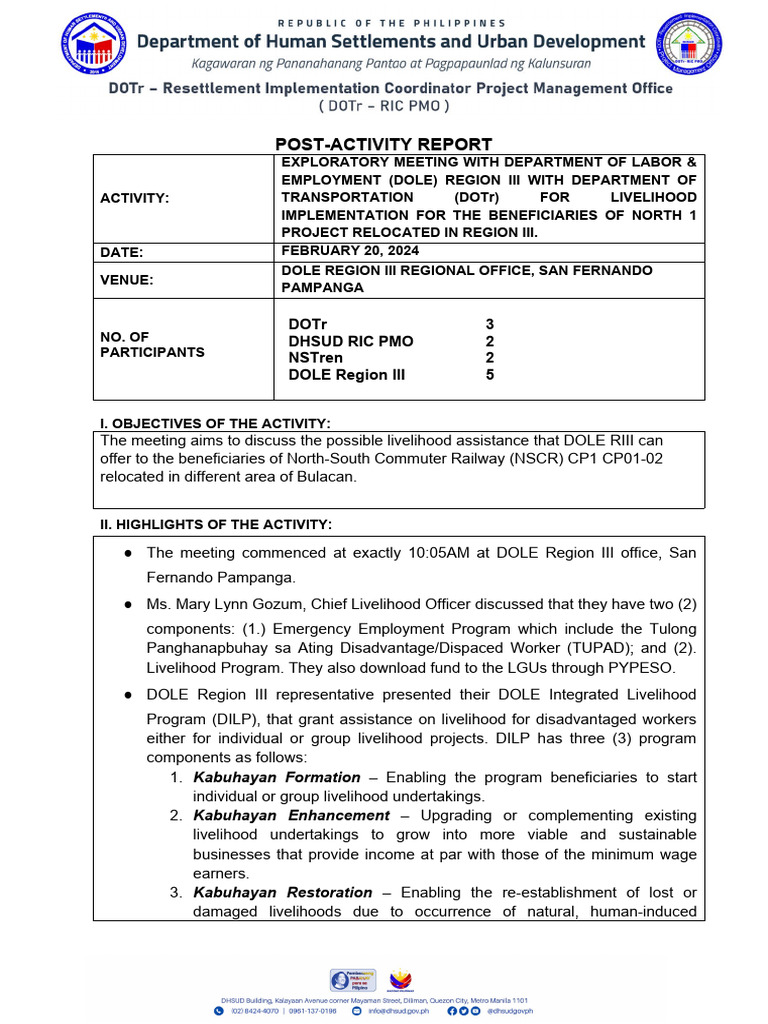 DOLE-DOTr Meeting on Livelihood Support | PDF | Unemployment Benefits ...
