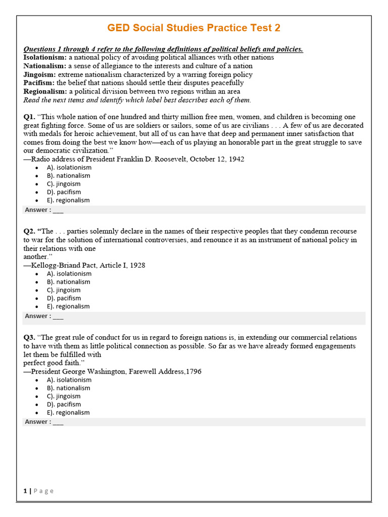 GED Social Studies Practice Test | PDF | Cost Of Living | Consumer ...