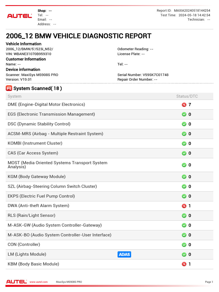 2006 - 12 BMW Vehicle Diagnostic Report: System Scanned (18) | PDF ...