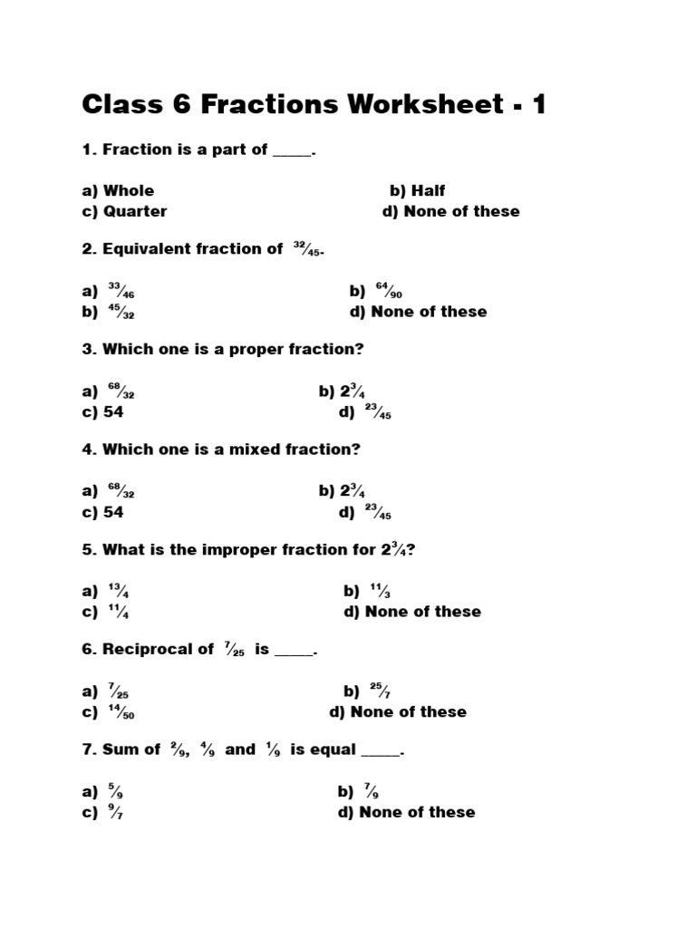 Class 6 Fractions Worksheet | PDF | Mathematical Notation | Division ...