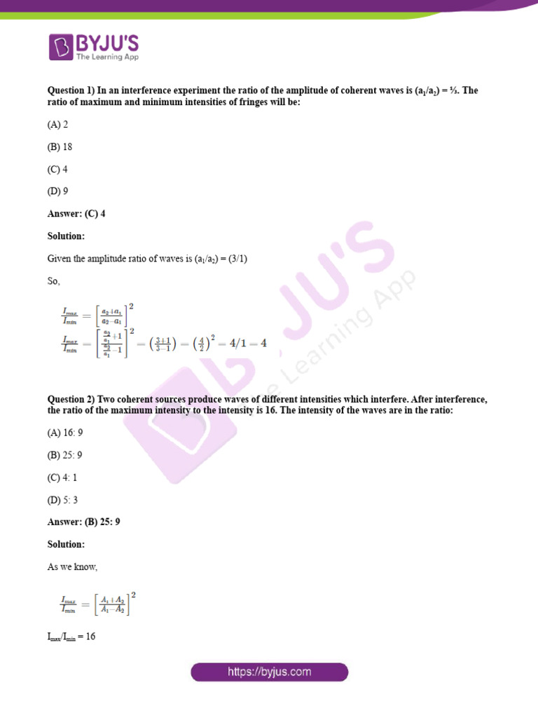 Wave Optics JEE Advanced Previous Year Questions With Solutions PDF | PDF | Wavelength ...