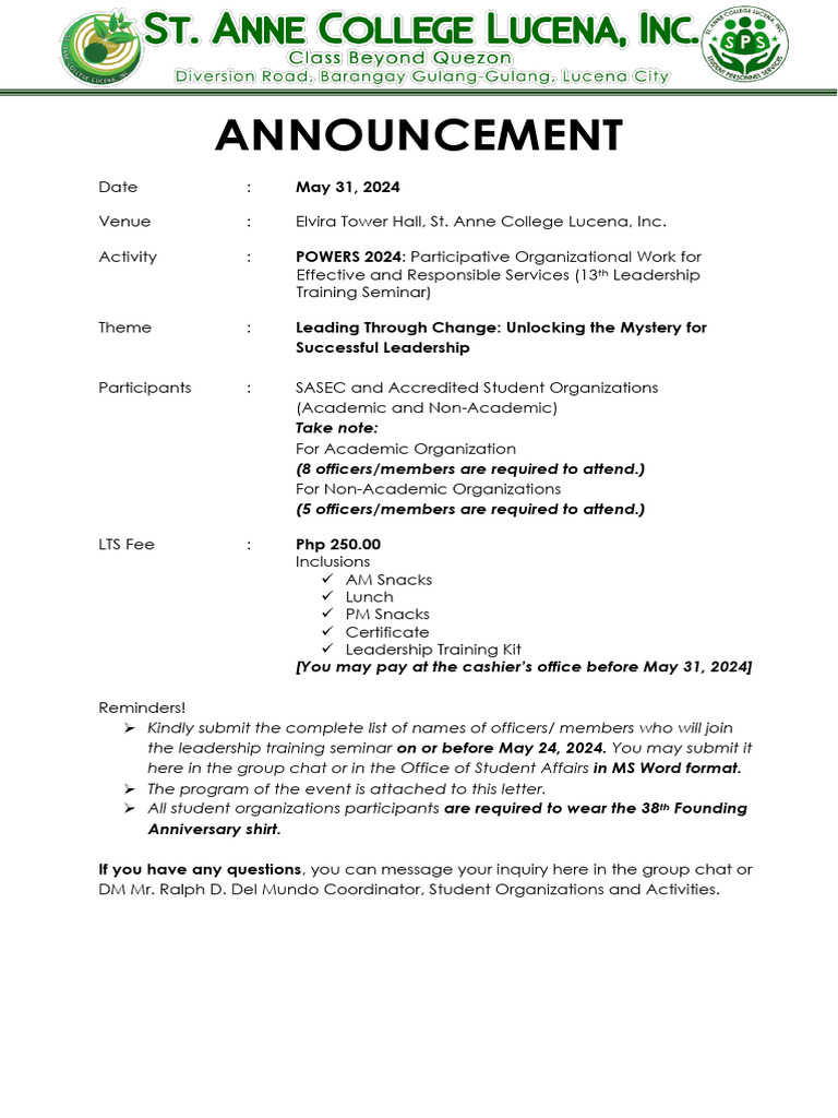 Announcement Leadership Training Seminar | PDF | Leadership | Business