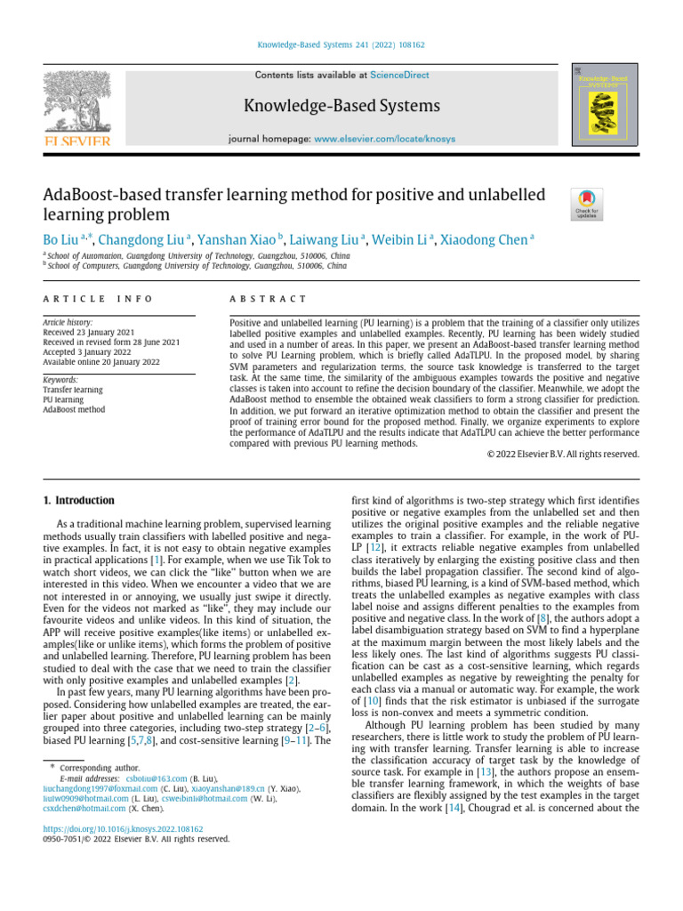 AdaBoost Based Transfer Learning Method For Positive An 2022 Knowledge Based | PDF | Support ...