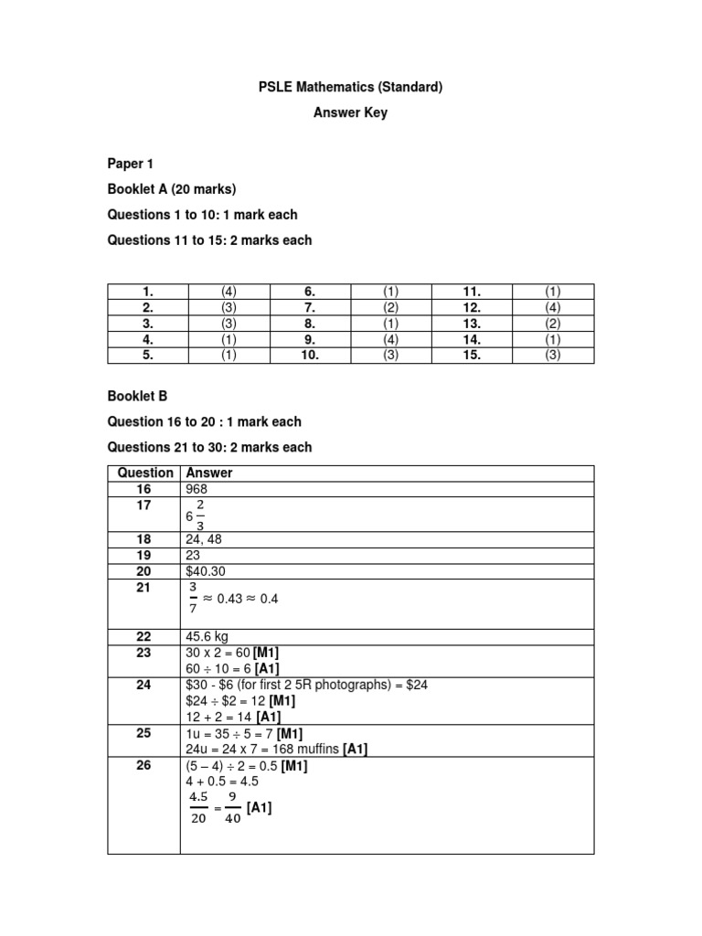 PSLE Standard Mathematics 2022 Paper Answer Key | PDF | Geometry ...