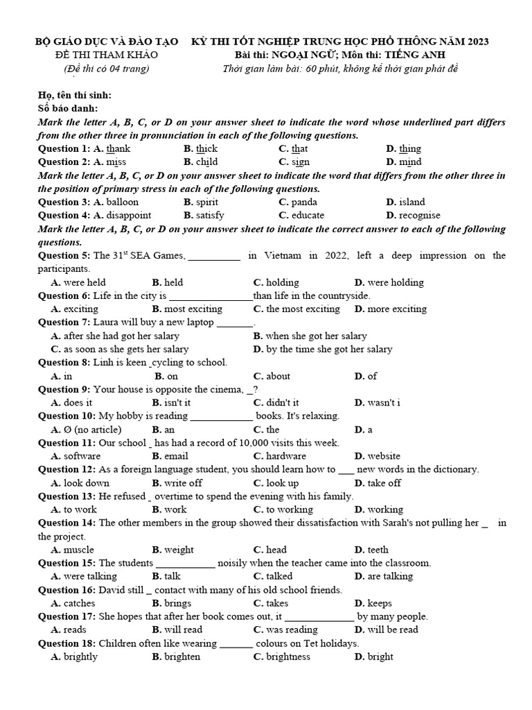 0. Đề Thi Minh Họa Tốt Nghiệp THPT Năm 2023 Môn TIẾNG ANH Của BGD Công Bố Ngày 1-3-2023 | PDF ...
