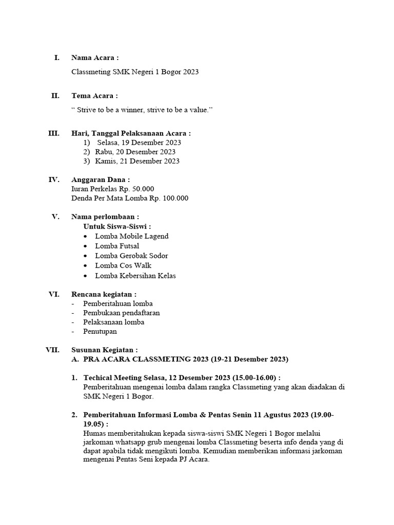 Konsep Acara Classmeting 2023 | PDF