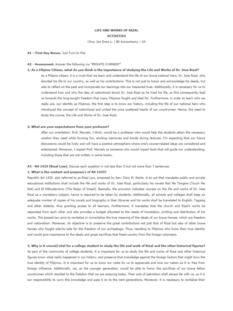 LIFE AND WORKS OF RIZAL - ACTIVITIES | PDF