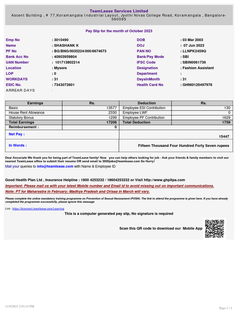PaySlip Payslip 2023 OCT | PDF