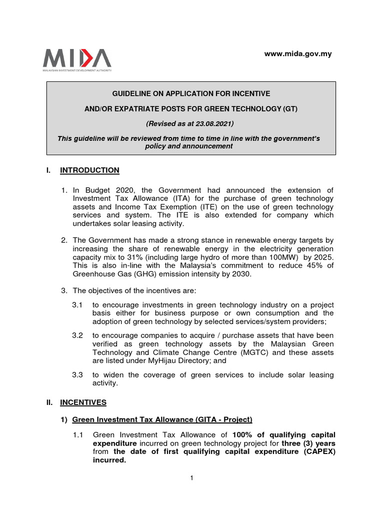 Guideline Green Technology Incentive As at 02122021 | PDF | Renewable Energy | Solar Power
