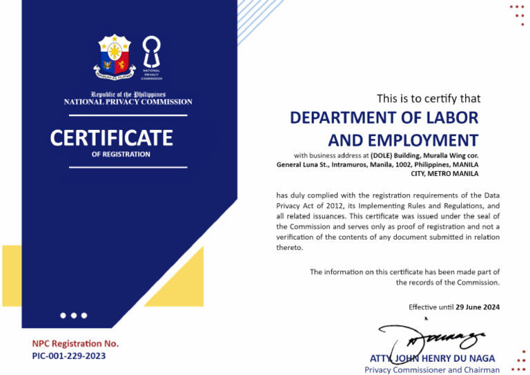 Dole Dpa Certificate of Registration | PDF