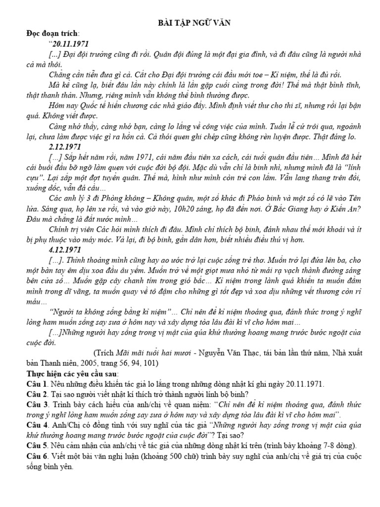 BÀI TẬP Đọc hiểu - Nhật kí NVT 2 | PDF