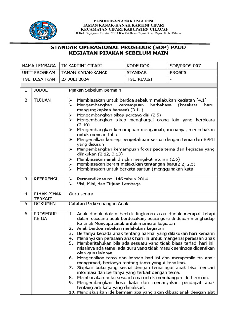 7 Sop Paud Kegiatan Pijakan Sebelum Main | PDF